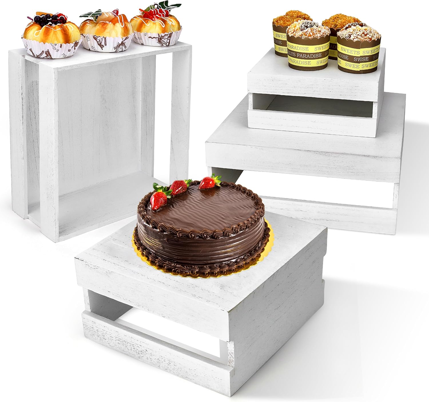 Amazon.com: Set of 4 Rustic White Wooden Display Risers: Stackable ...