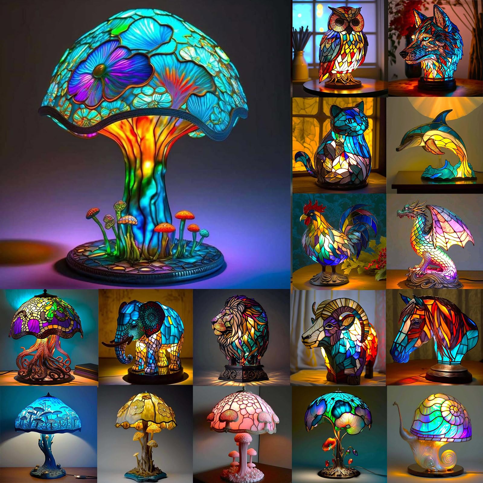 3D Animal Plant Table Lamp Retro Stained Animal Plant Night Light Lamp ...