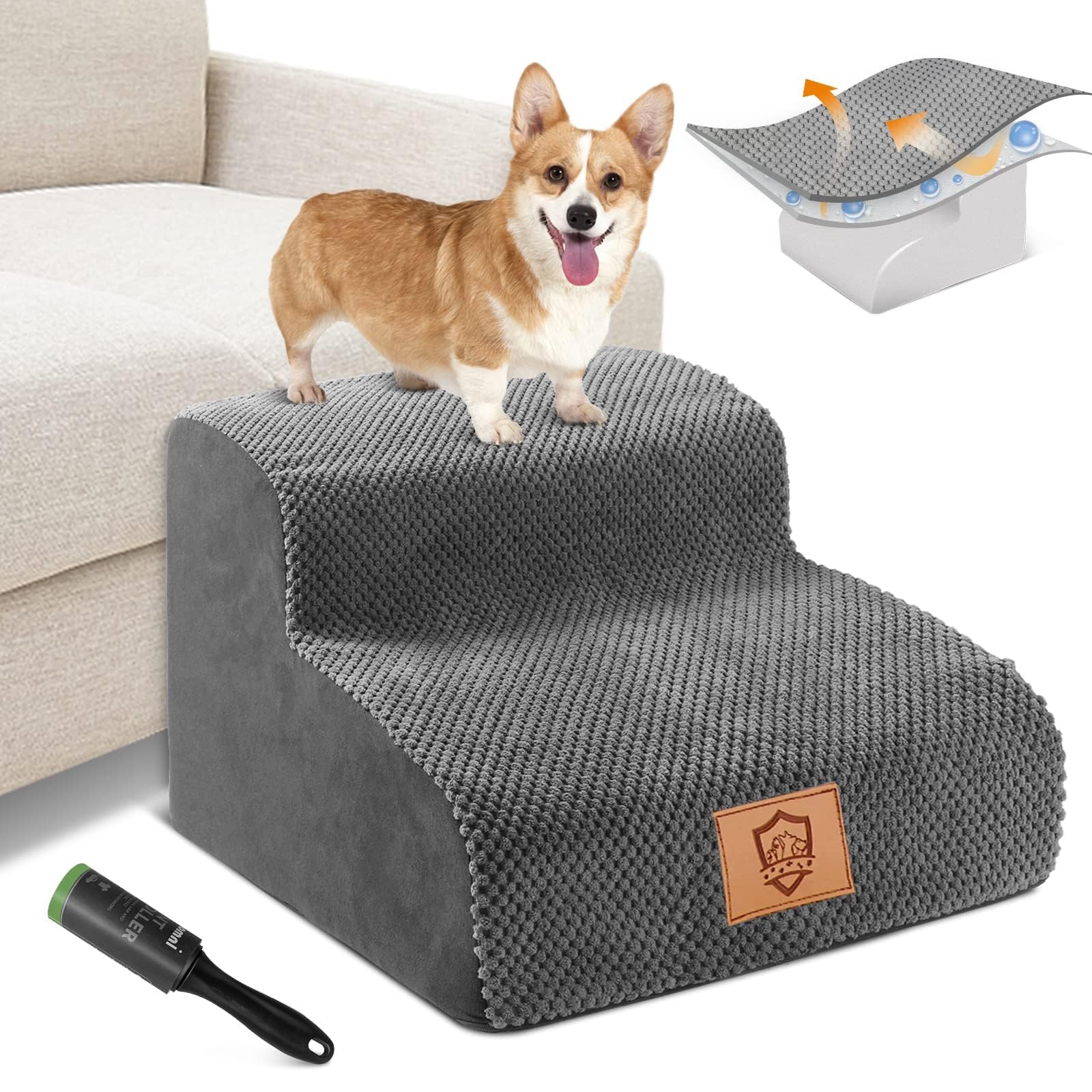 Almcmy 2-Step Dog Stairs for High Bed, Foam Pet Stairs with Removable ...