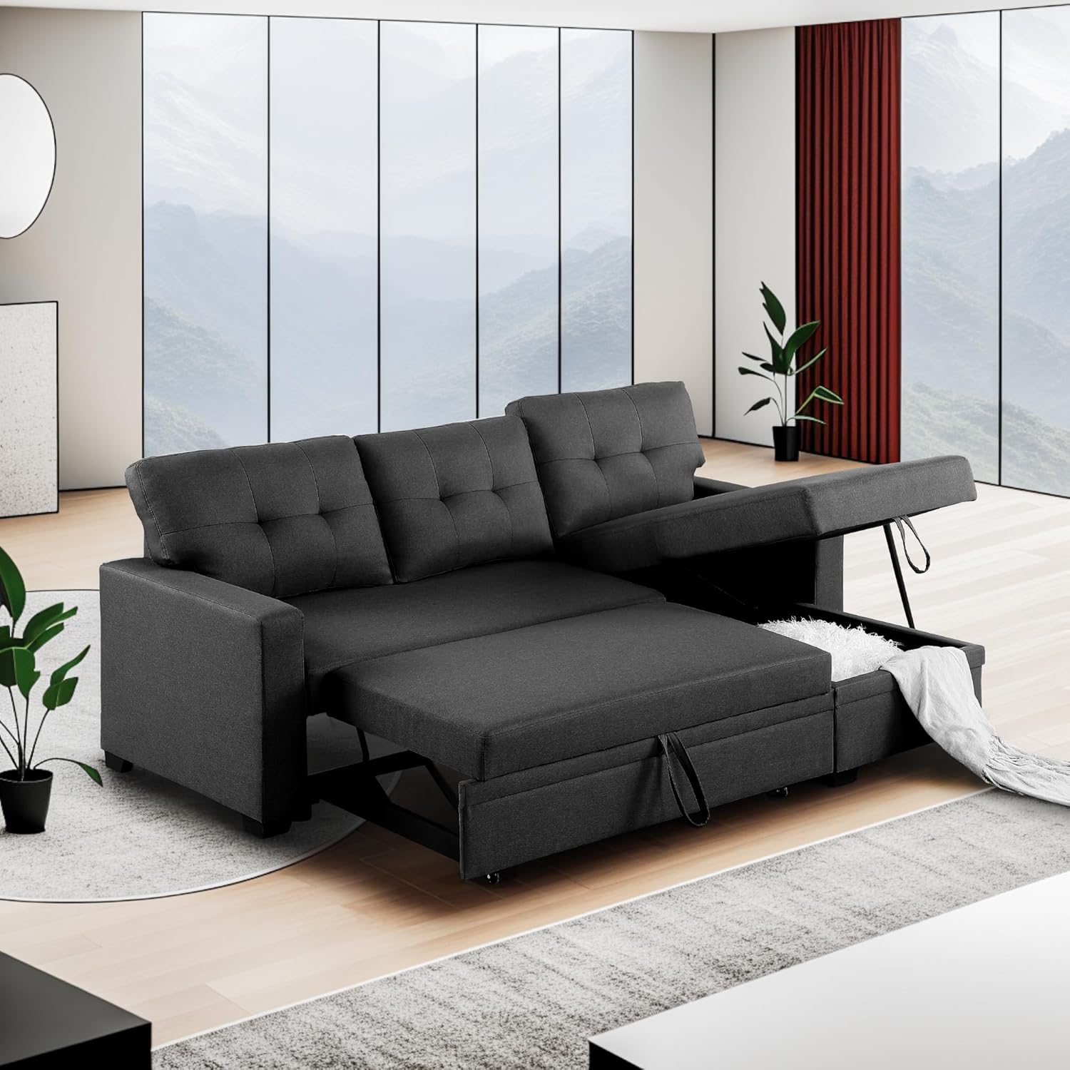 Amazon.com: DHHU 82" Convertible L-Shaped Sofa, 3 Seat Futon Pull Out ...