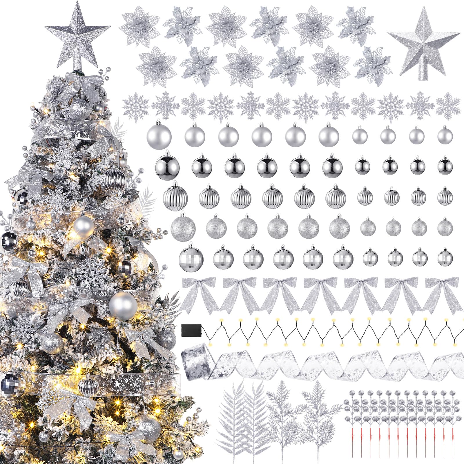 Amazon.com: Poen 108 Pcs Christmas Tree Ornament Set Including Xmas ...
