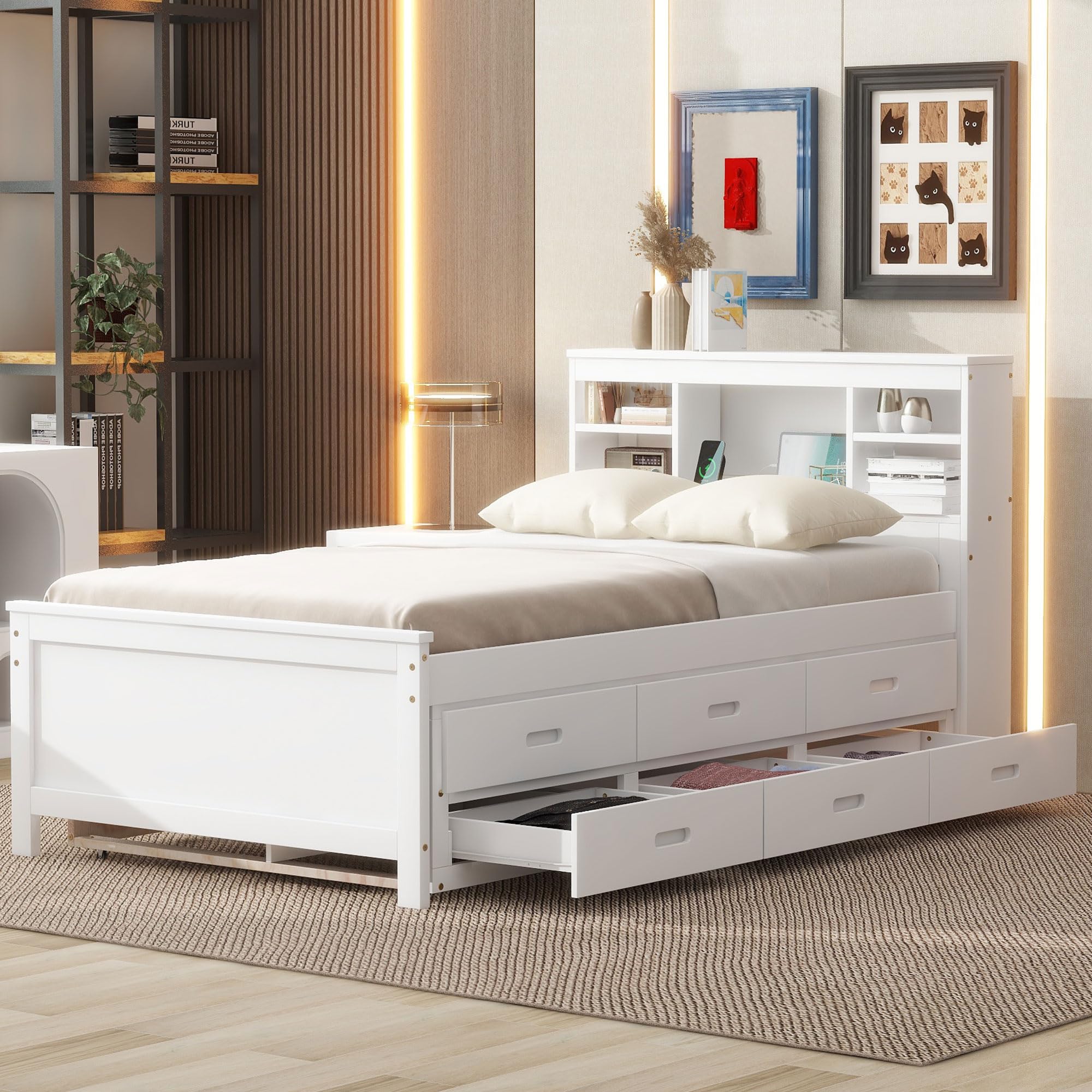 Amazon.com: Twin Bed Frame with Bookcase Headboard and Charging Station ...