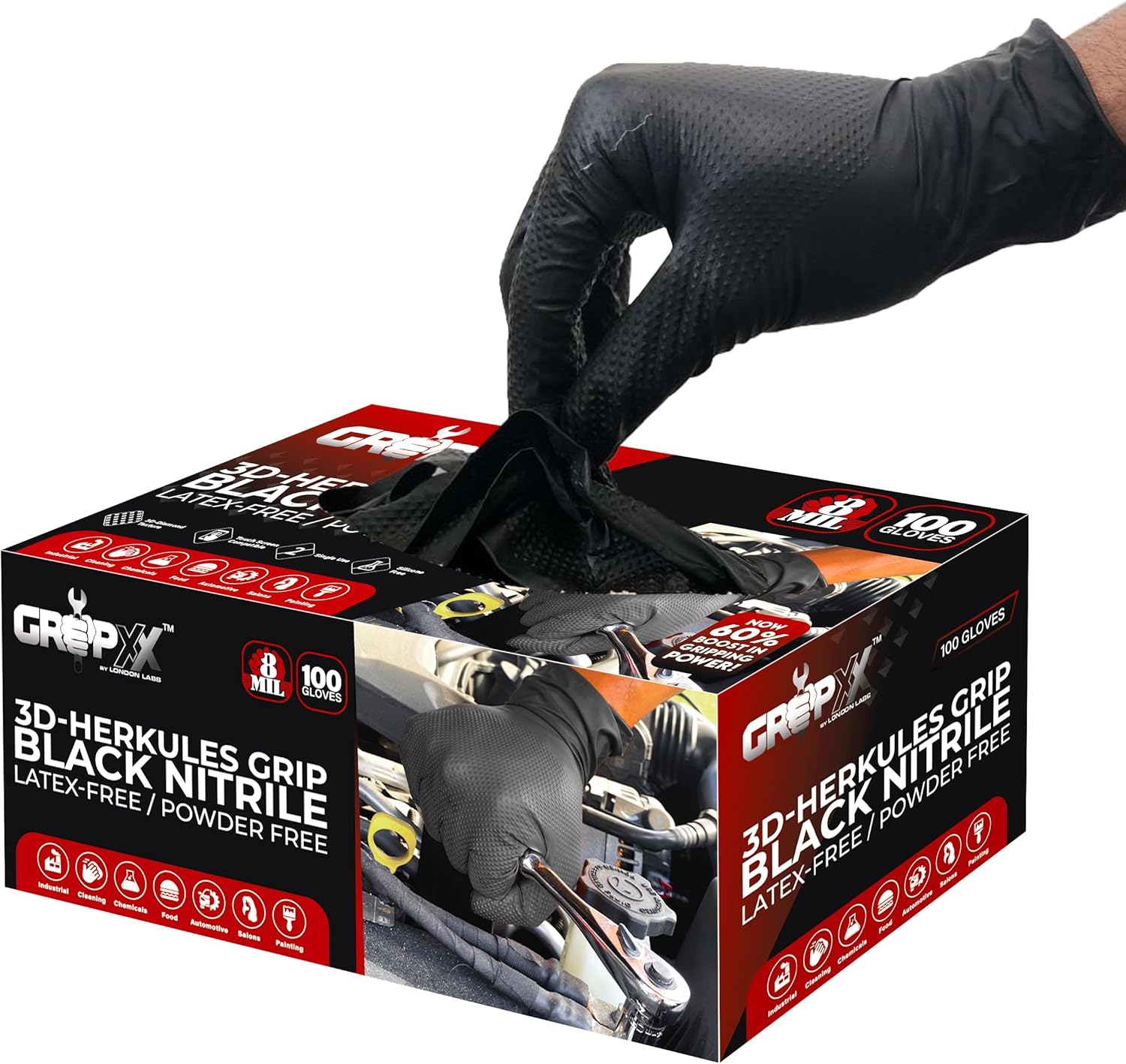 GRIPXX Herkules Grip Heavy Duty 8Mil Black Nitrile Gloves,3D Raised Diamond Texture-Latex ...