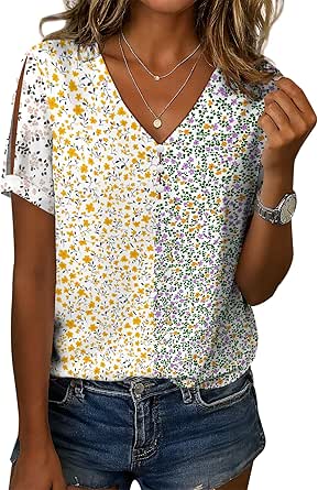 Zhyaj Boho Cold Shoulder Tops for Women V Neck Short Sleeve Tshirts ...