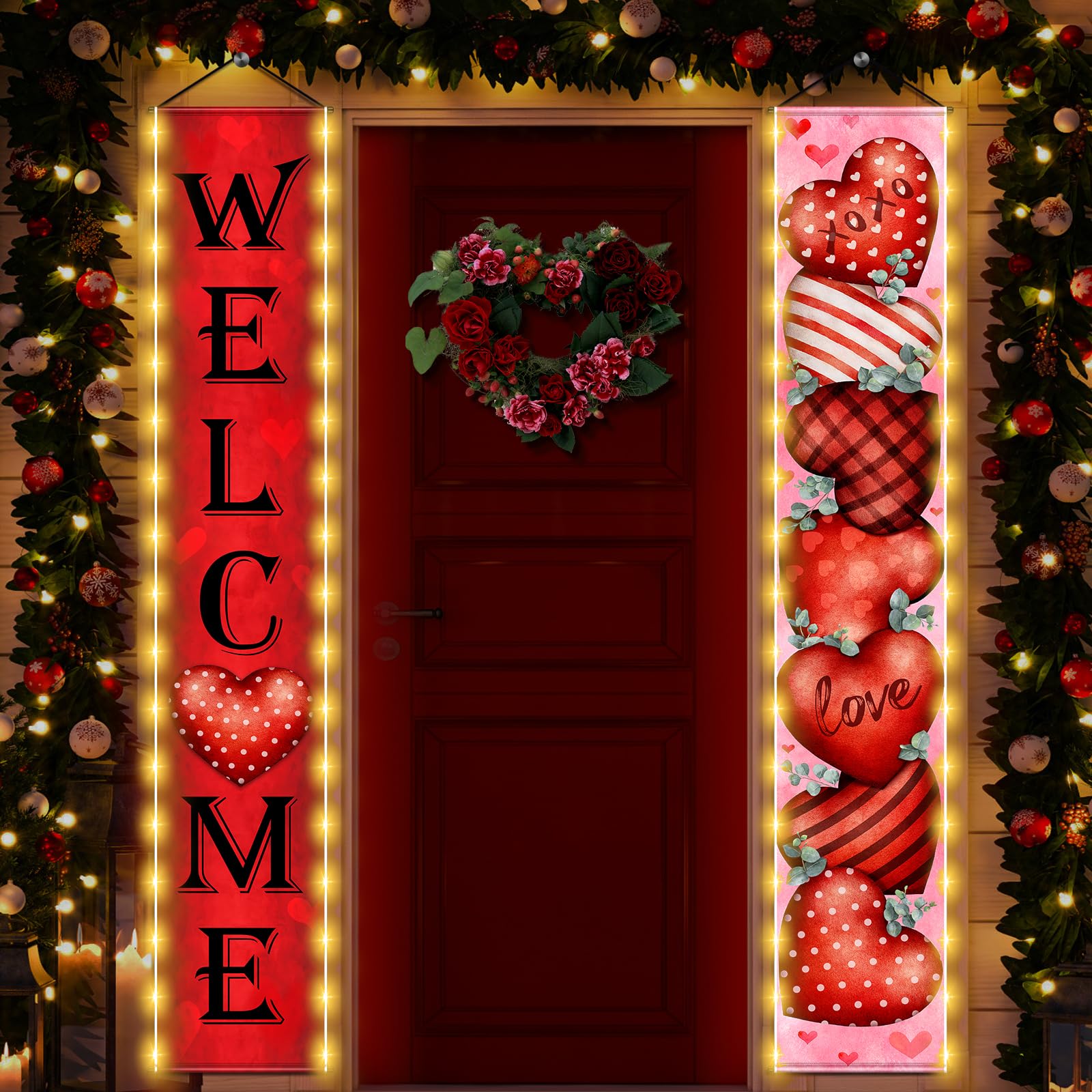 Valentines Day Door Banner with LED Lights, Buffalo Plaid Love Heart ...