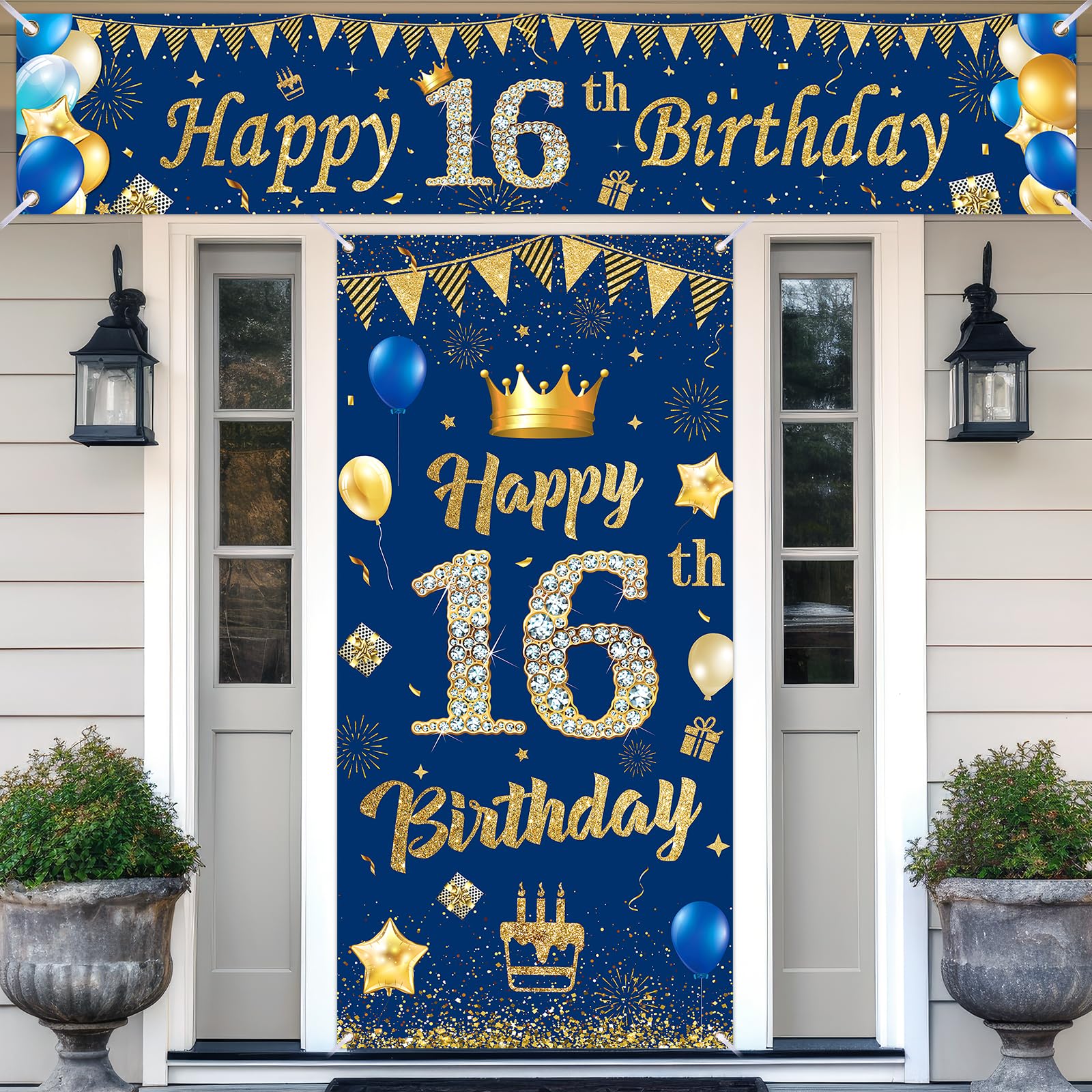 Amazon.com: 16th Birthday Banner Decorations for Boys,Navy Blue Gold ...