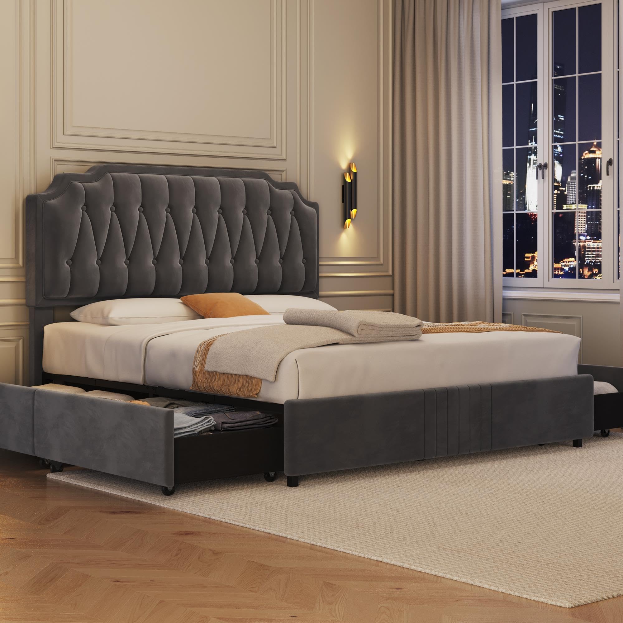 Amazon.com: Yaheetech Upholstered Platform Bed Frame with 4 Storage ...