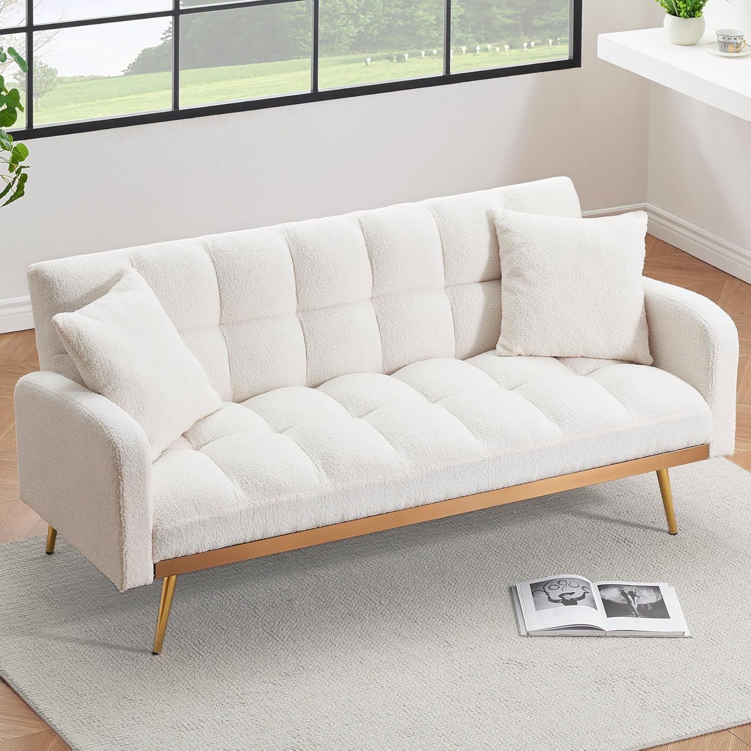 Amazon.com: Comfy Futon Sofa Bed with 2 Pillows, White Futon Couch Bed ...