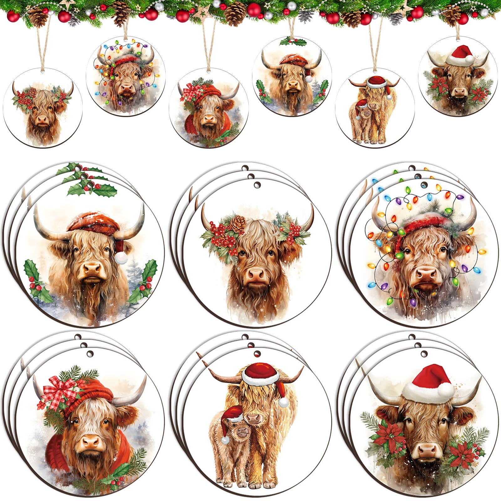 Amazon.com: Suzile 24 Pcs Highland Cow Christmas Ornament Wooden Coo ...