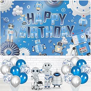 Amazon.com: Robot Happy Birthday Banner Decorations Technological Robot ...