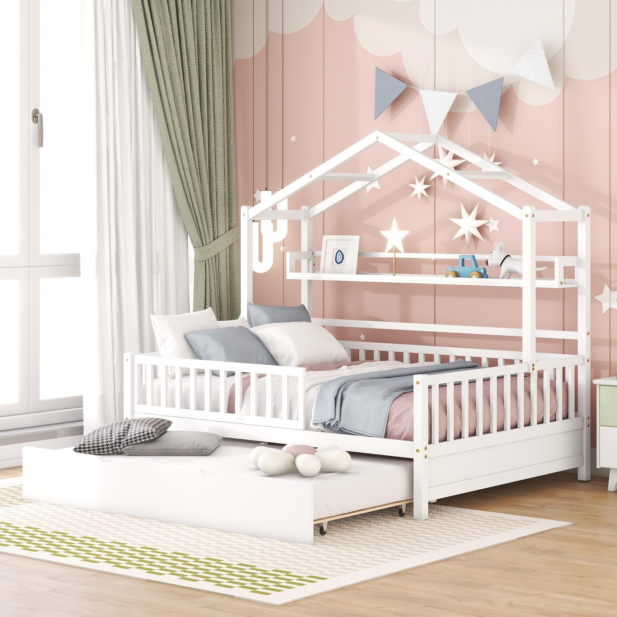 Amazon.com: Harper & Bright Designs Full House Bed with Trundle, Wood ...