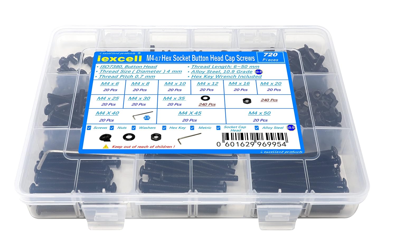 iexcell 720 Pcs M4 x 6/8/10/12/16/20/25/30/35/40/45/50 Alloy Steel 10.9 ...