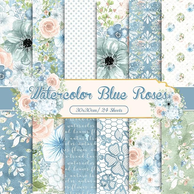 Amazon.com : Whaline 24Pcs Blue Floral Pattern Paper 30x30cm Watercolor ...
