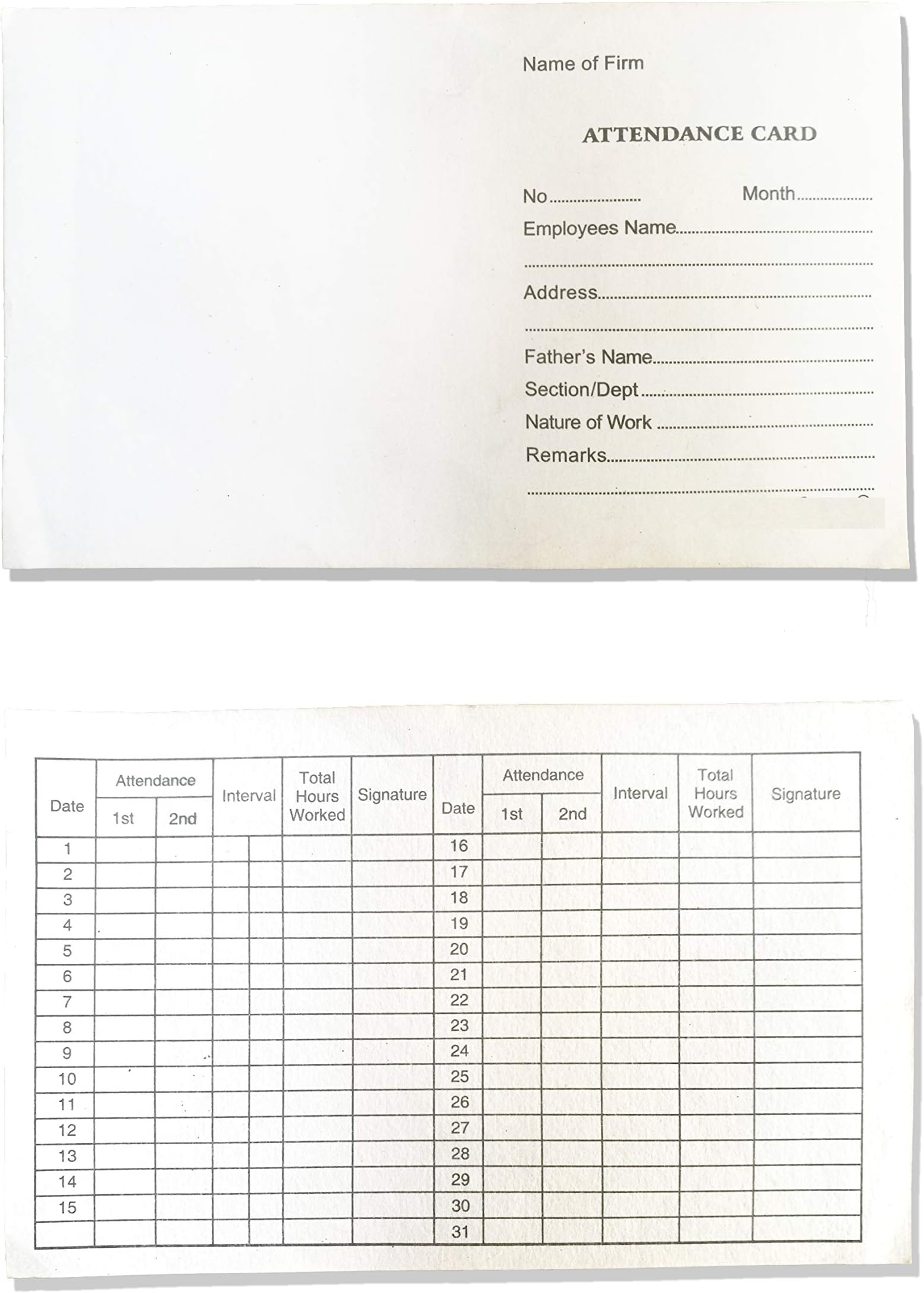 LRS Labour Daily Attendance/Muster Card/Wages Card - Monthly Attendance ...