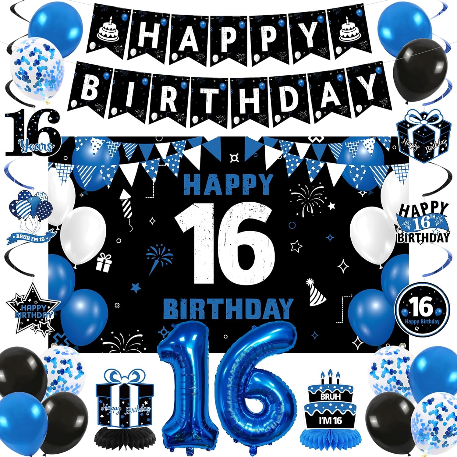 Amazon.com: Vlipoeasn Blue 16th Birthday Decorations Set for Boys Girls ...