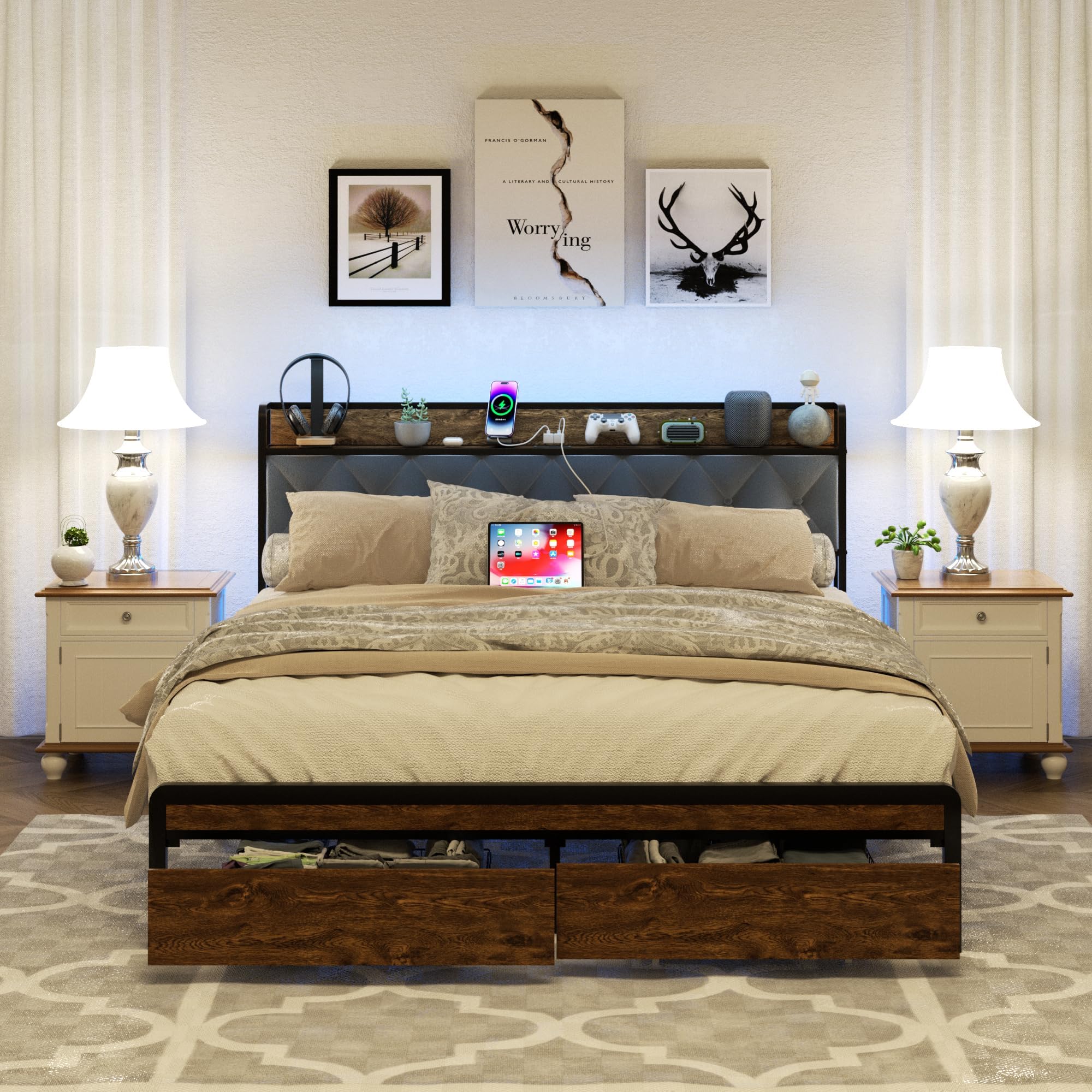 Amazon.com: viplov Full Bed Frame with Storage and Upholstered Headboard, Metal Platform with 2 ...