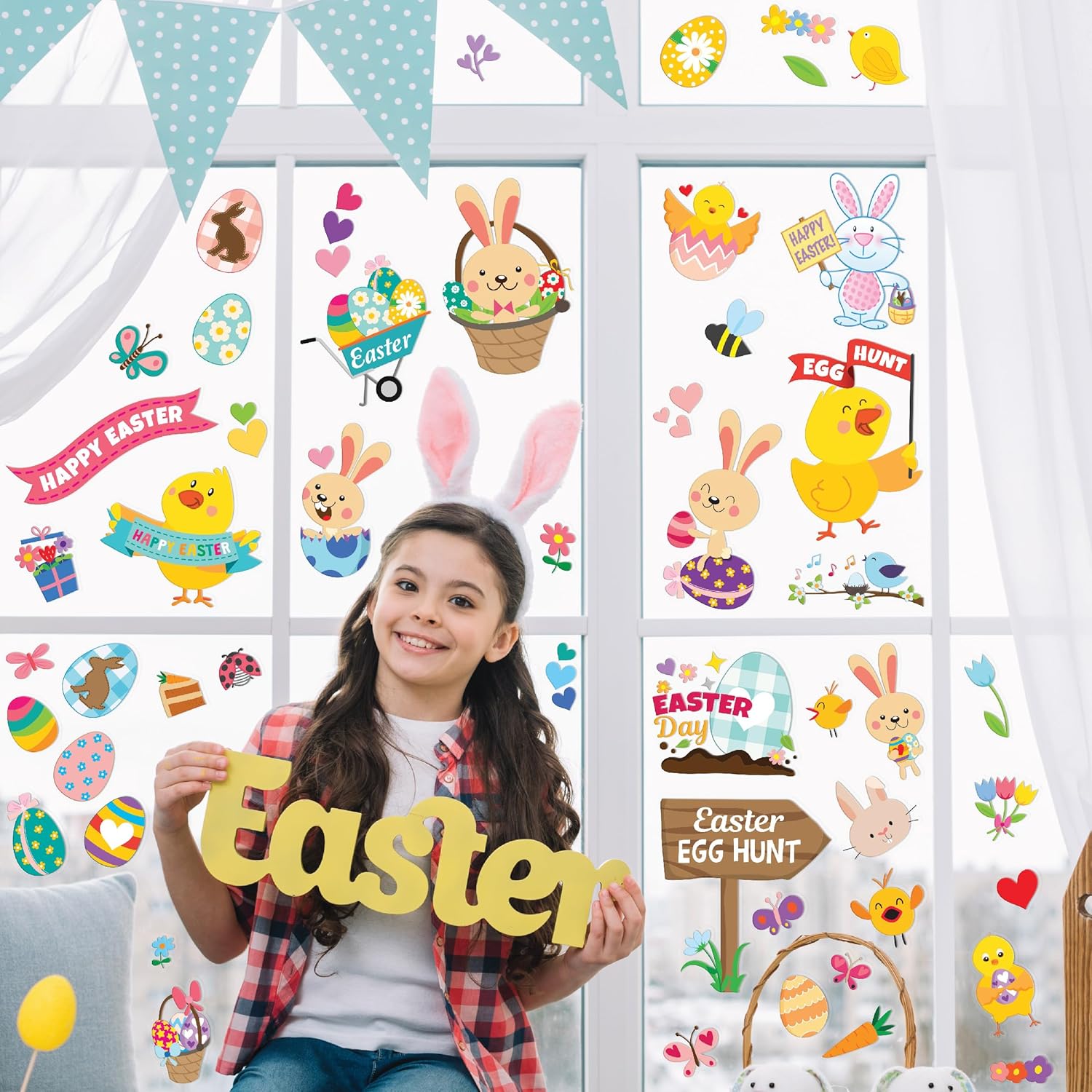 Easter Window Stickers Over 100pcs Large Bunny Rabbit Chick Egg Flower ...