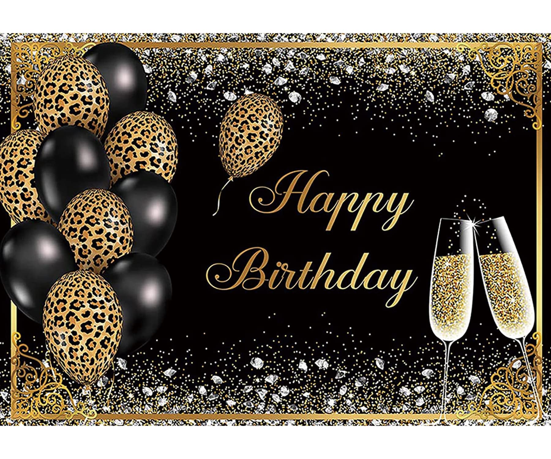 Buy Happy Birthday Backdrop Black and Gold Glitter Leopard Print ...