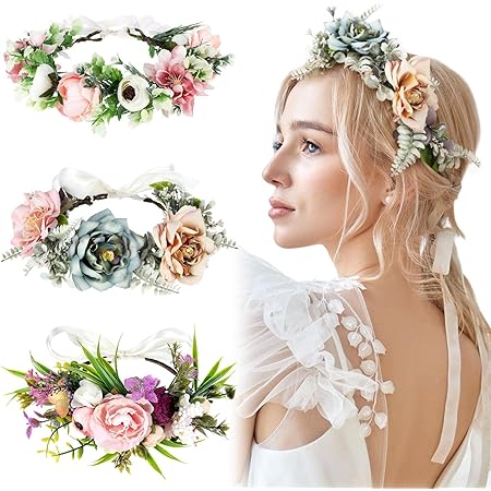 Amazon.com : 3 Pcs Flower Crown Adjustable Flower Headband Boho Floral ...