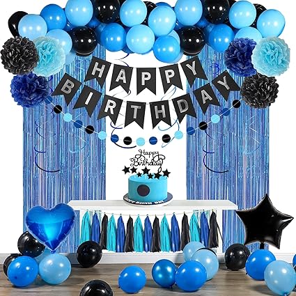Amazon.com: Blue and Black Happy Birthday Party Decorations kit for ...
