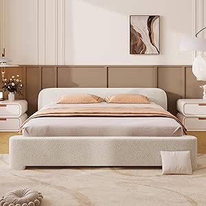 Amazon.com: Full Size Bed Frame, Upholstered Cloud Boucle Platform Beds ...