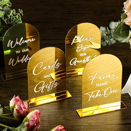 Amazon.com: 4 Pcs Arch Acrylic Wedding Reception Signs with Stand Gold ...