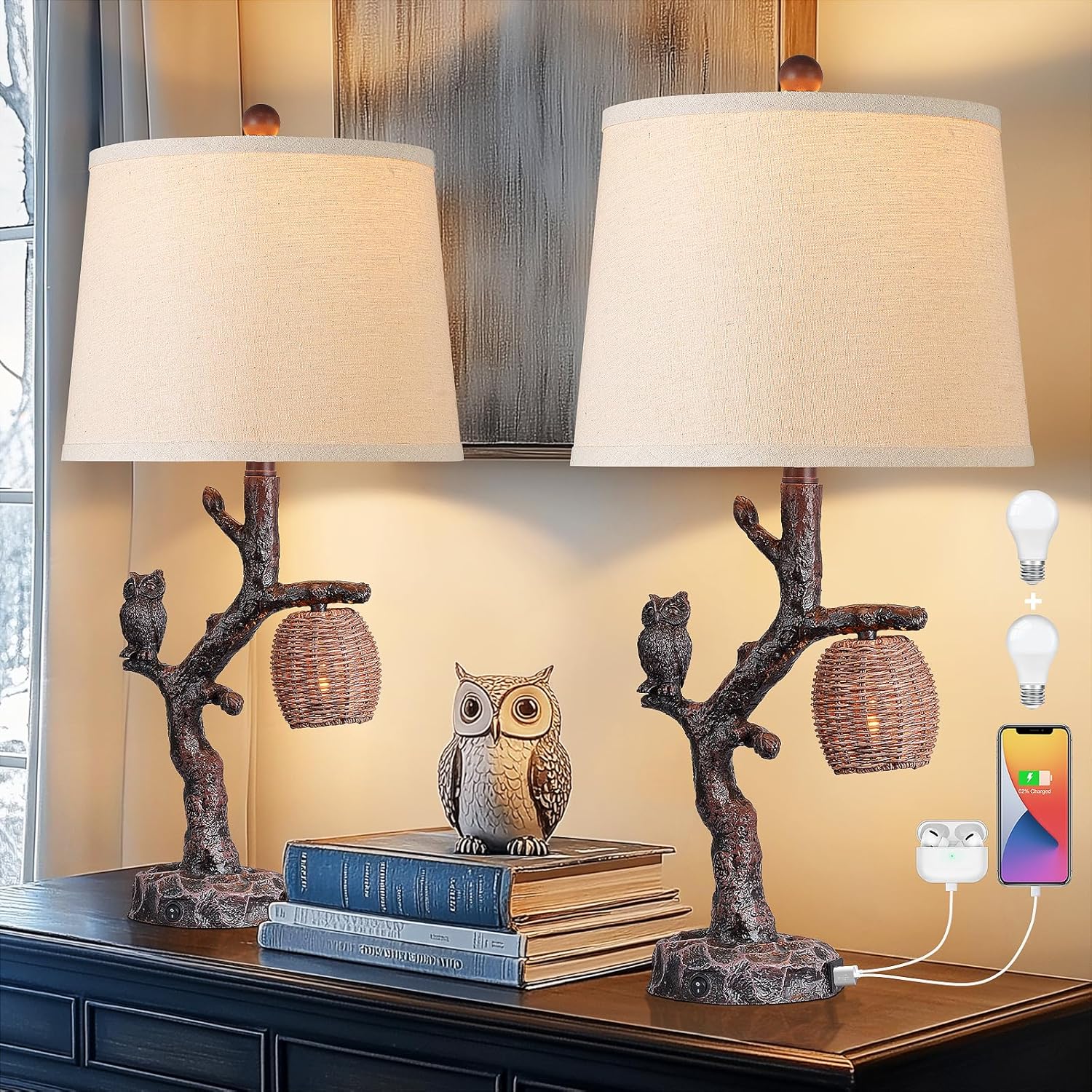 27" Rustic Farmhouse Table Lamps Set of 2, 3-Way Lighting Modes Bedside ...