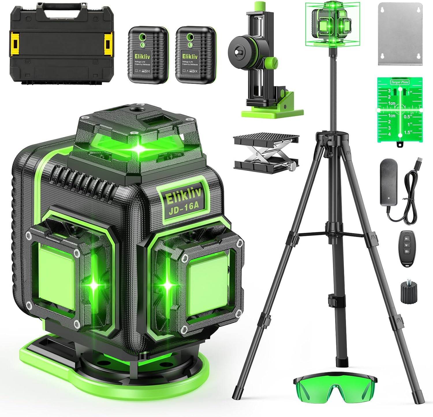 Laser Level 360 Self Leveling with Tripod, Elikliv 4D Laser Level, 165Ft Green Laser Level Lines ...