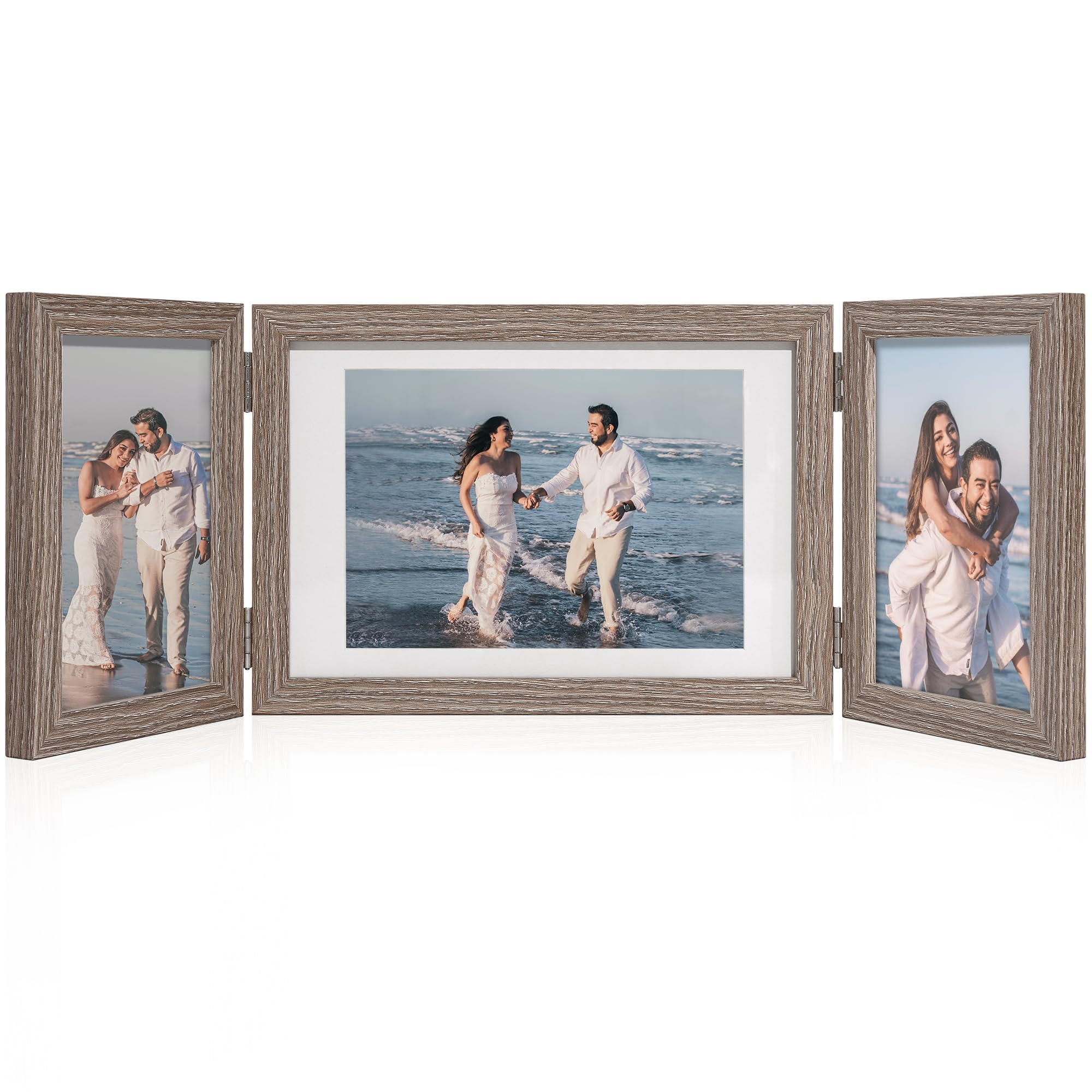 Afuly 4x6 Three Picture Frame 4x6 and 5x7 Rustic Wooden Hinged Triple ...