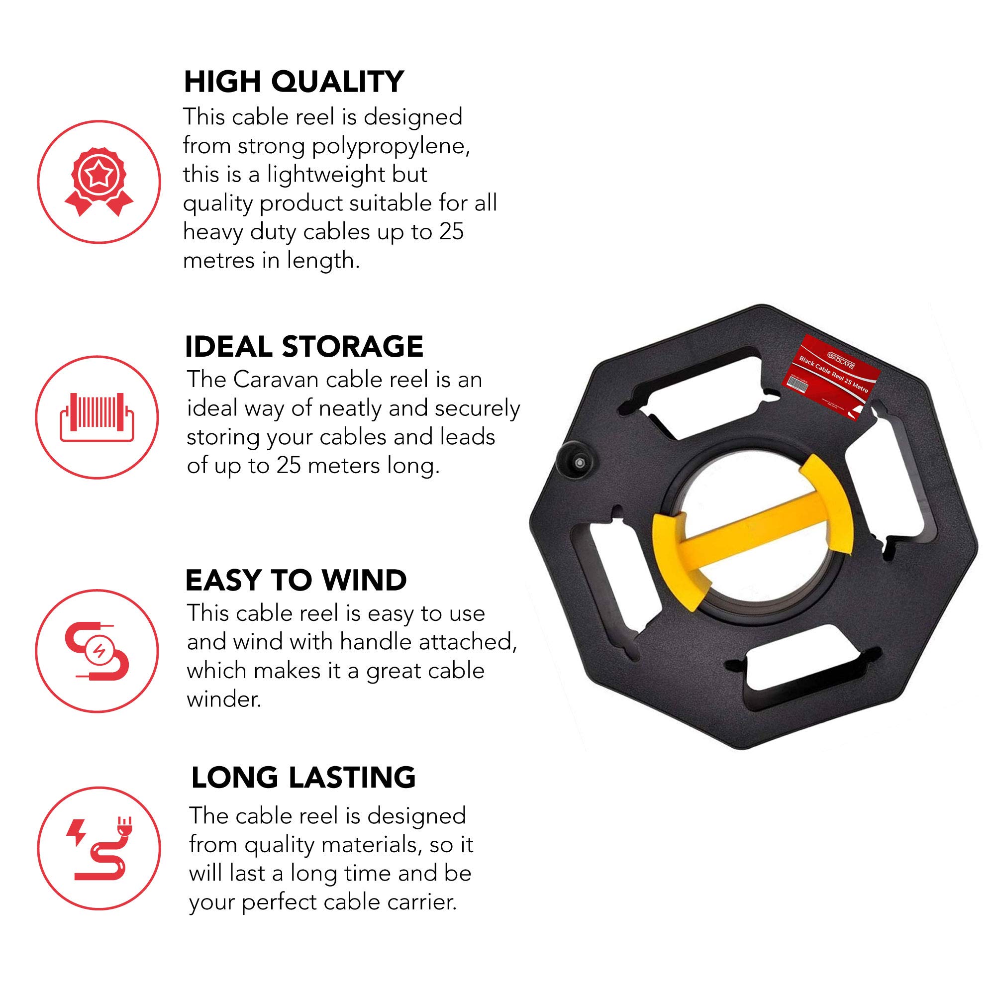 GADLANE Heavy Duty Black Cable Tidy Reel 25 Metre Revolution Extension ...