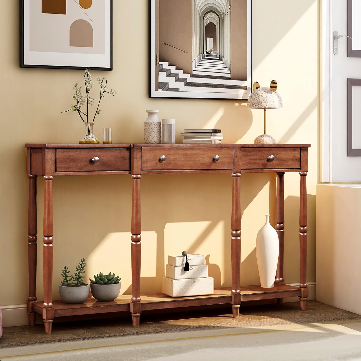 Amazon.com: Daxue 58.07" Brown Console Table with 3 Drawers and Bottom ...