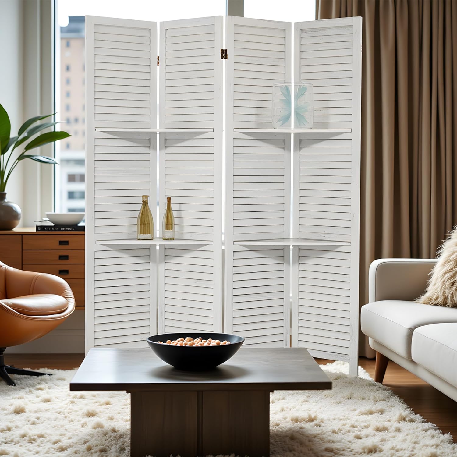 Amazon.com: HFYee 4 Panel Room Divider with Shelves Wood Privacy Screen ...