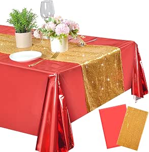 Amazon.com: WANGDEFA 2 Pack red and Gold Table Cloth red and Gold Party ...