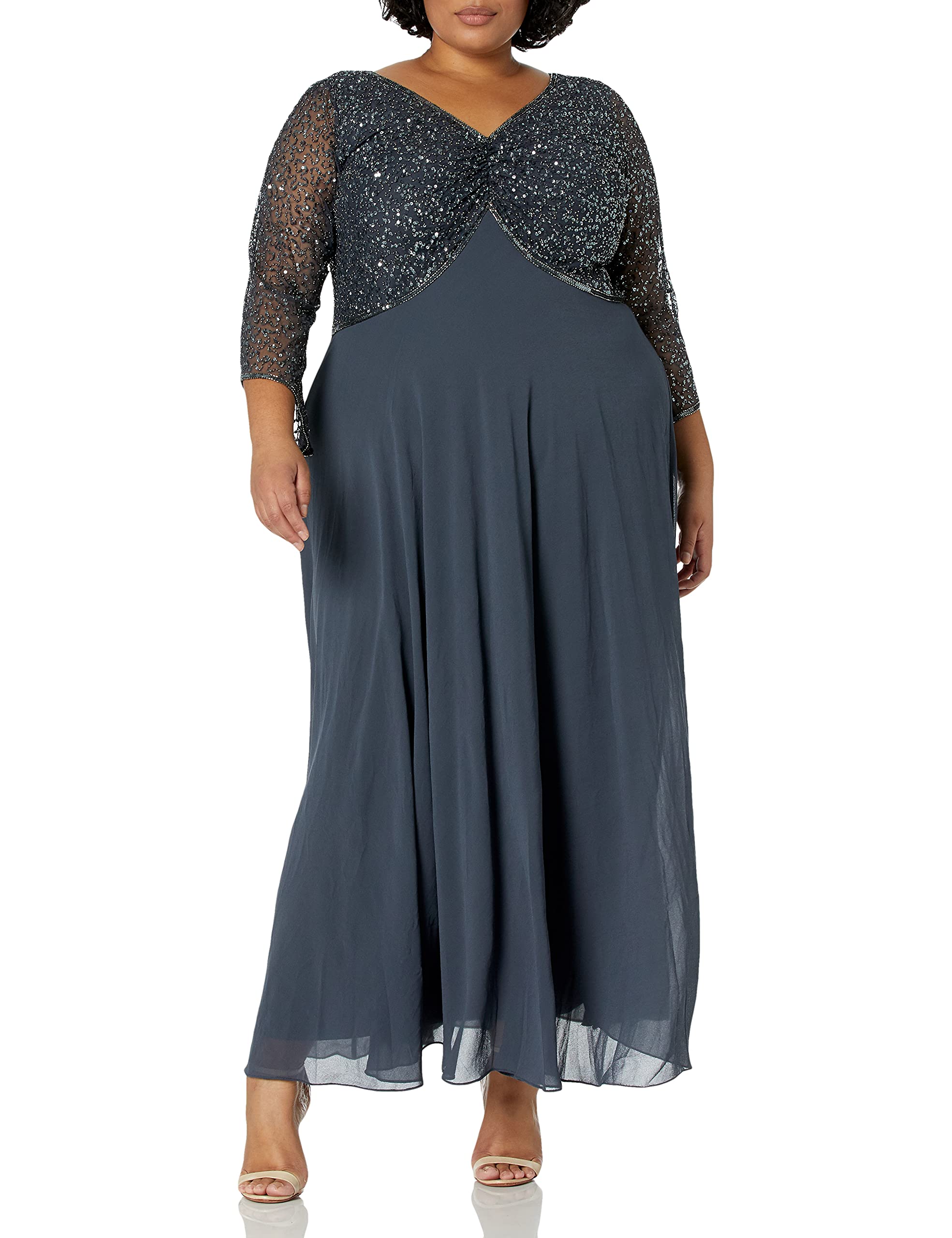 J Kara Women's Plus Size 3/4 Sleeve V-Neck Beaded Top Long Gown
