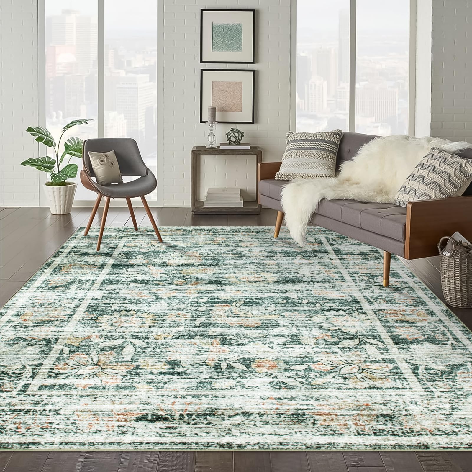 LIVEBOX Washable Rugs 9 x 12 for Living Room, Non-Slip Green Floral Rug ...