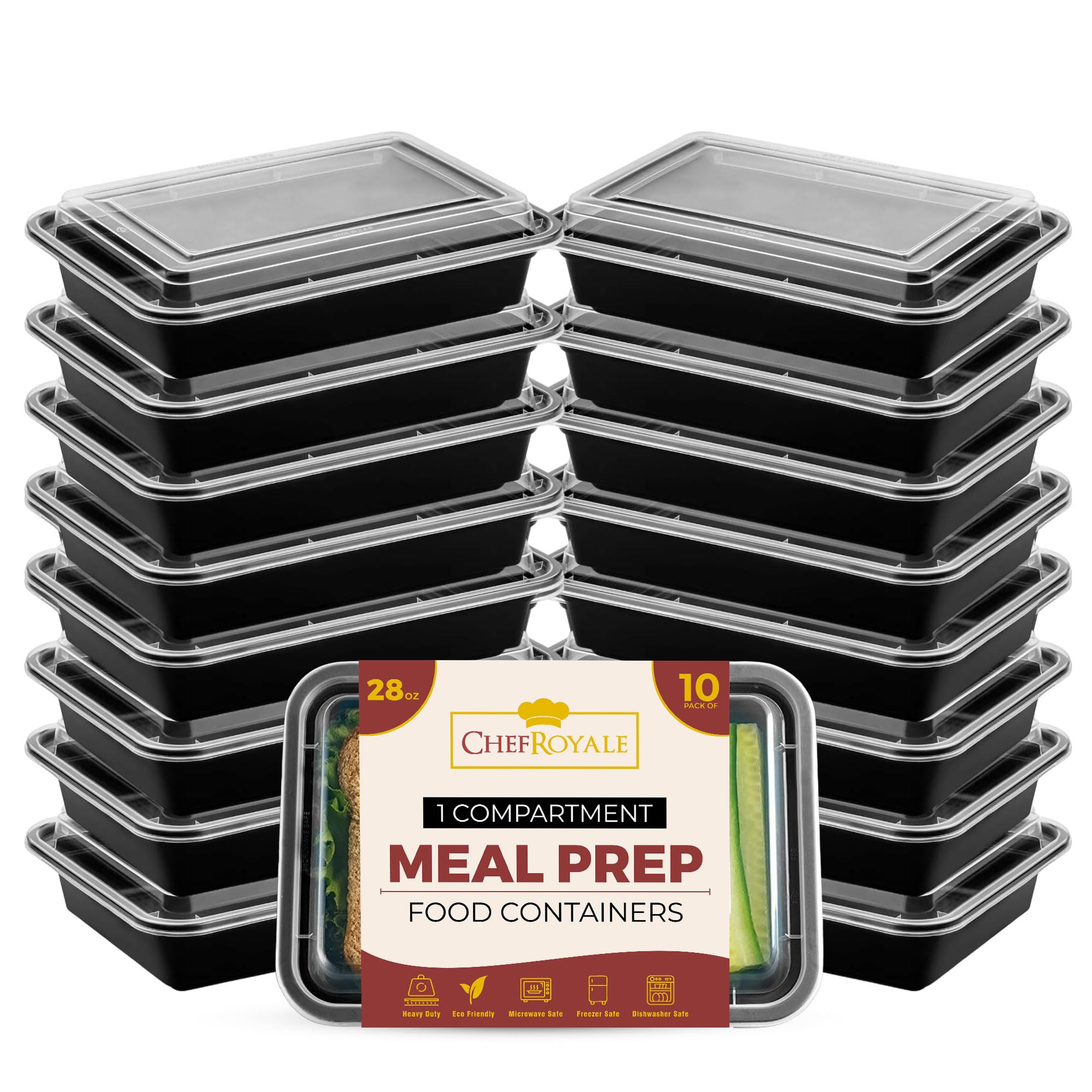 CHEF ROYALE [10 pack] x 28oz Rectangular Black Base Meal Prep Containers - BPA Free Storage with ...