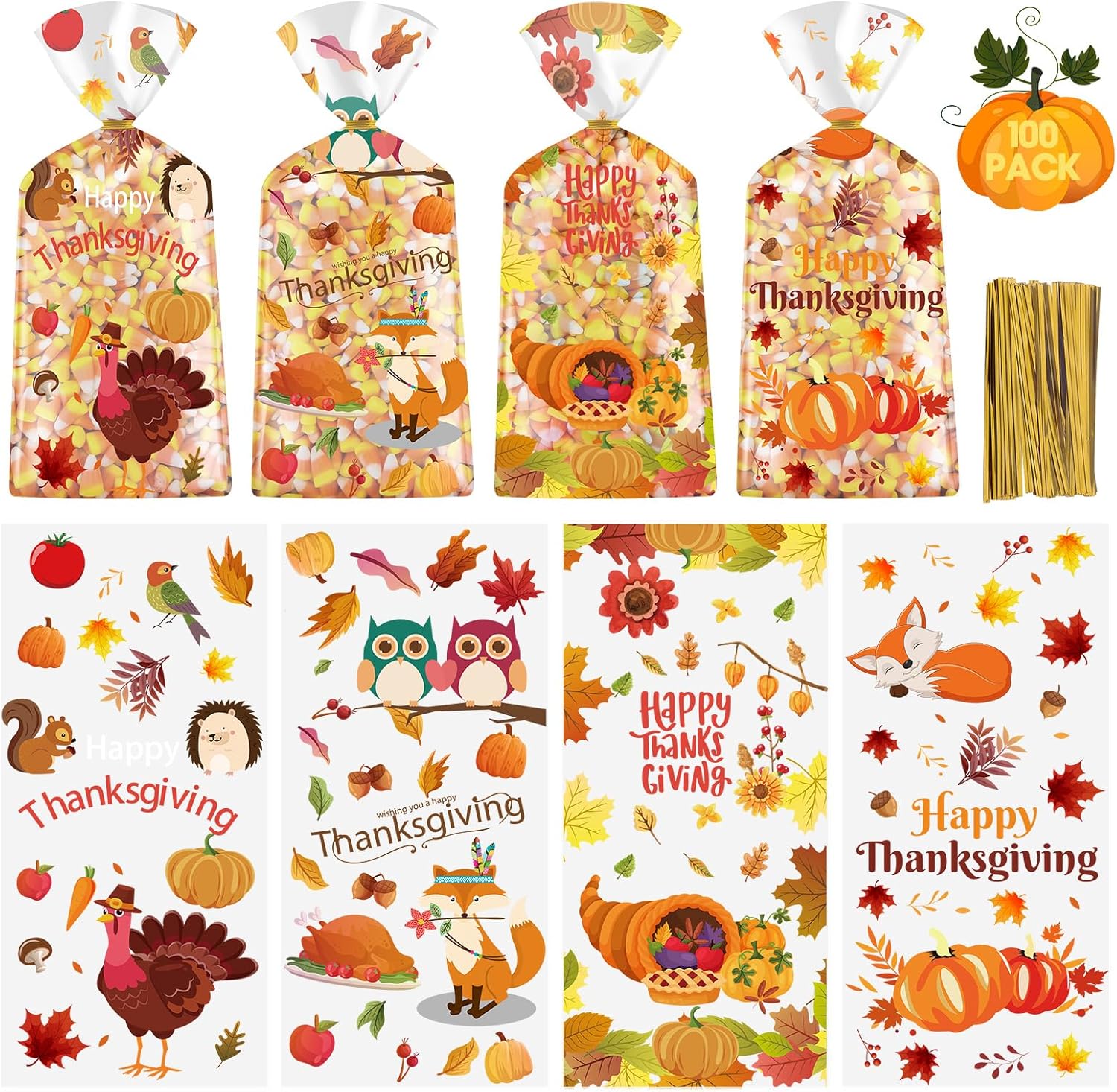 Amazon.com: Litmitfu 100 Pcs Happy Thanksgiving Treat Bags - Plastic ...