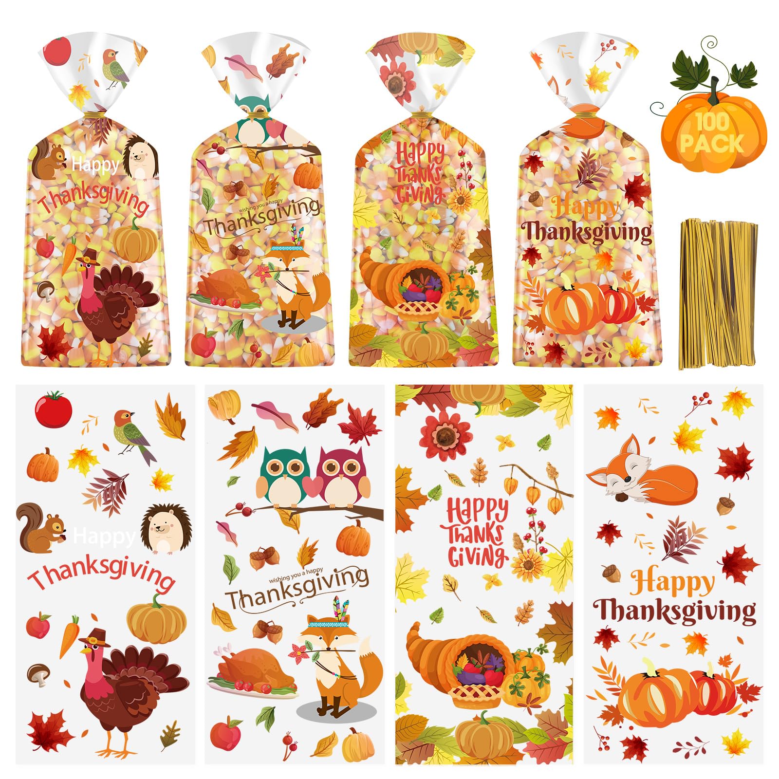Amazon.com: Litmitfu 100 Pcs Happy Thanksgiving Treat Bags - Plastic ...
