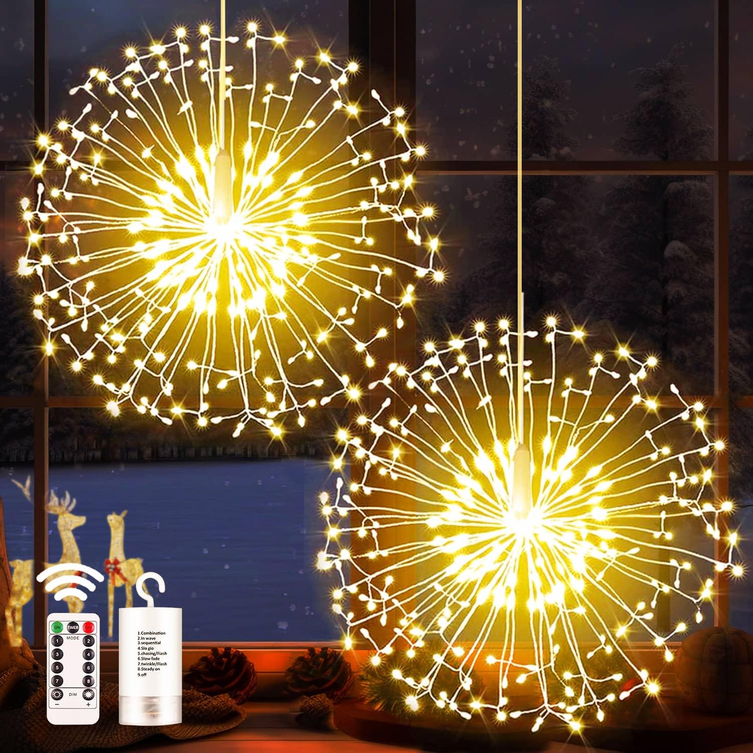 yowin Hanging Christmas Firework Lights 2 Pack 198 LED Starburst Lights ...