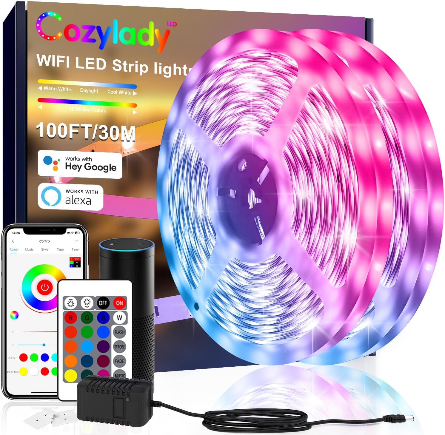 Amazon.com: Cozylady 100ft Smart Led Strip Lights for Bedroom, Work ...