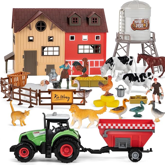 Amazon.com: Farm Animal Toy Set with Red Barn, 33Pcs Farm Barn Playset ...