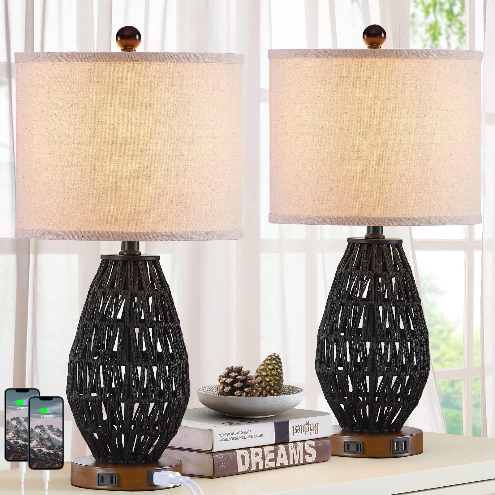 CINSARY Touch Control Rattan Table Lamps, 3 Way Dimmable Bedside Lamps ...