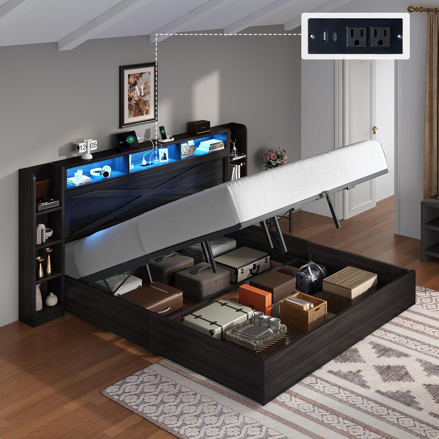 Amazon.com: LUXOAK Full Size Lift Up Bed Frame with Bookcase Headboard ...