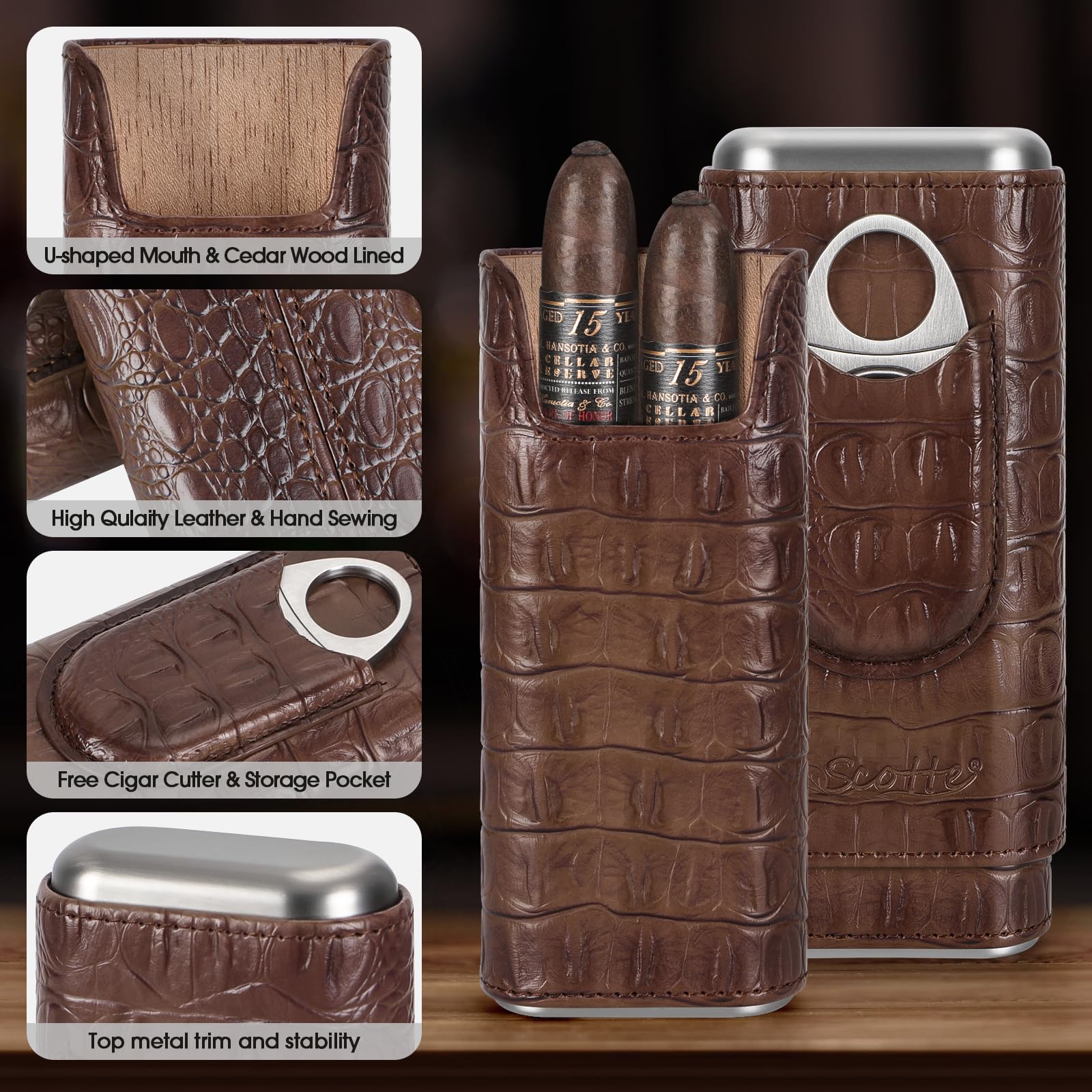 Snapklik.com : Scotte Cigar Case Leather Cigar Travel Case Cedar Wood ...