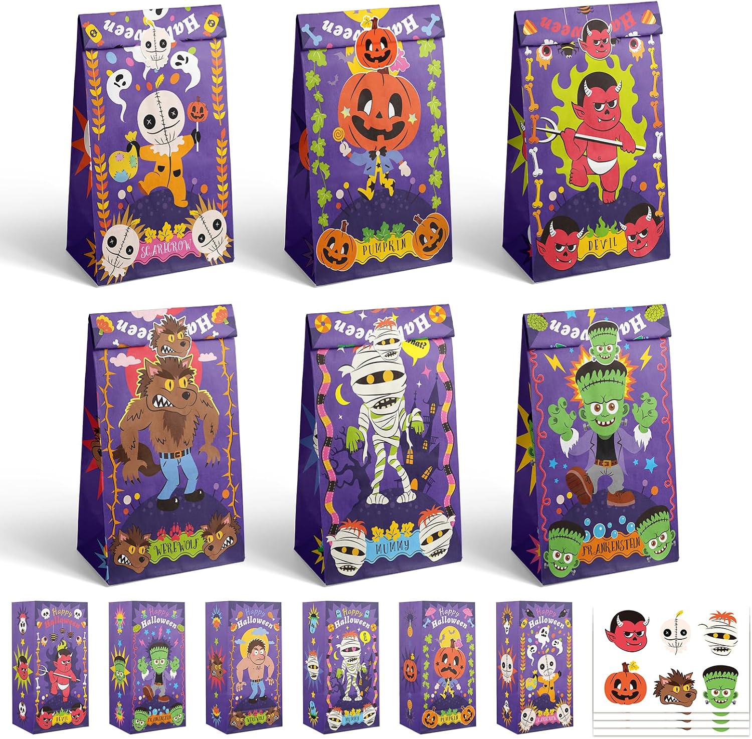 Amazon.com: qiqee 30Pcs Halloween Purple Werewolf Treat Paper Bags with ...