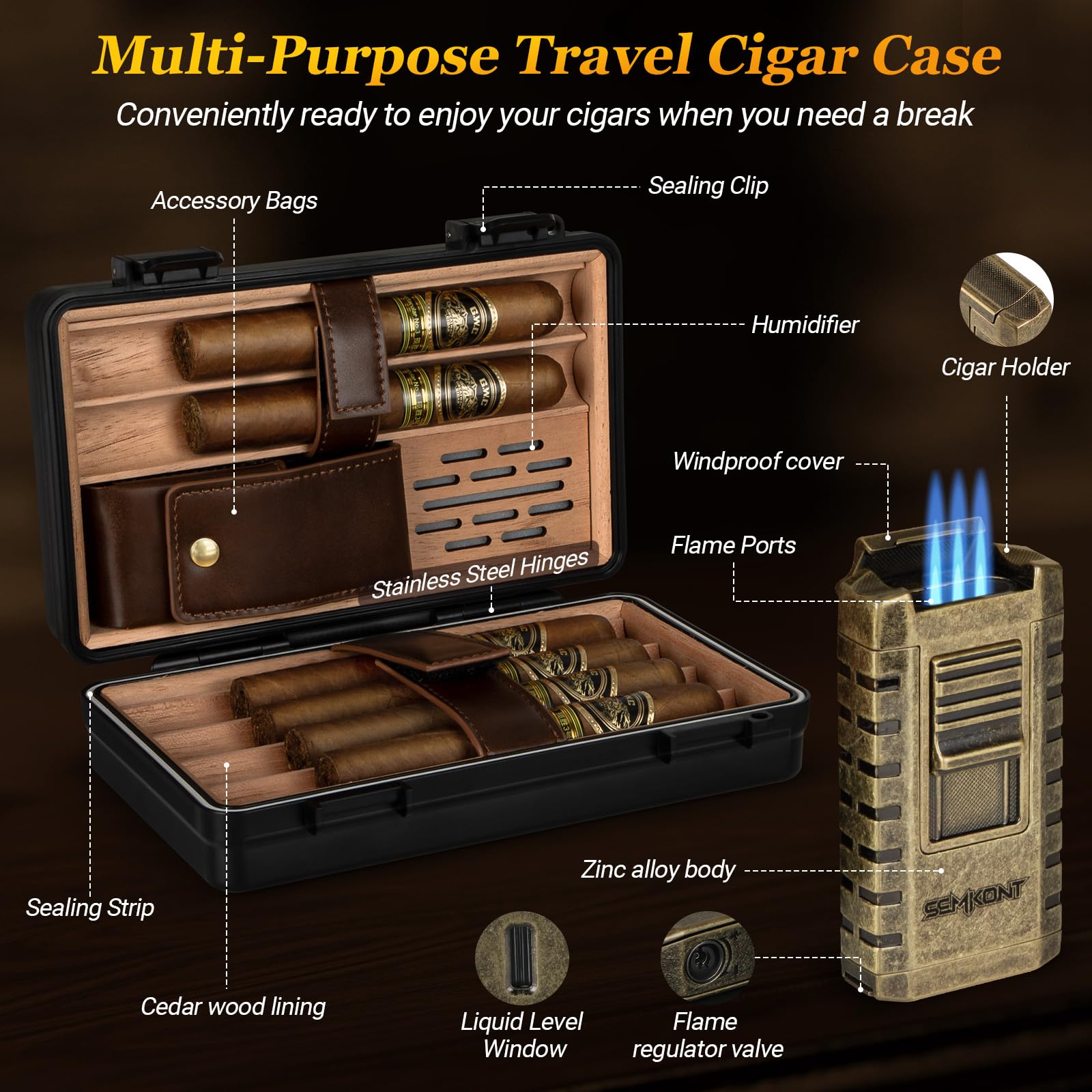 Snapklik.com : SEMKONT Portable Cedar Wood Lined Cigar Case, Waterproof ...