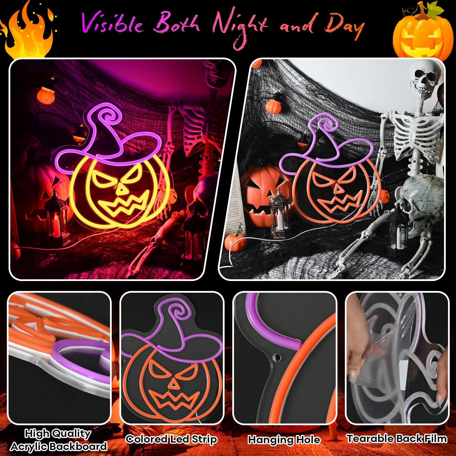 Snapklik.com : Halloween Pumpkin Neon Sign, Orange Purple Wizard Hat ...