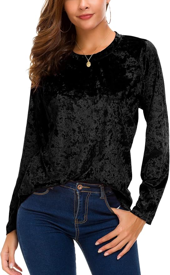 Women's Vintage Velvet T-Shirt Casual Long Sleeve Top (S, Black) at ...