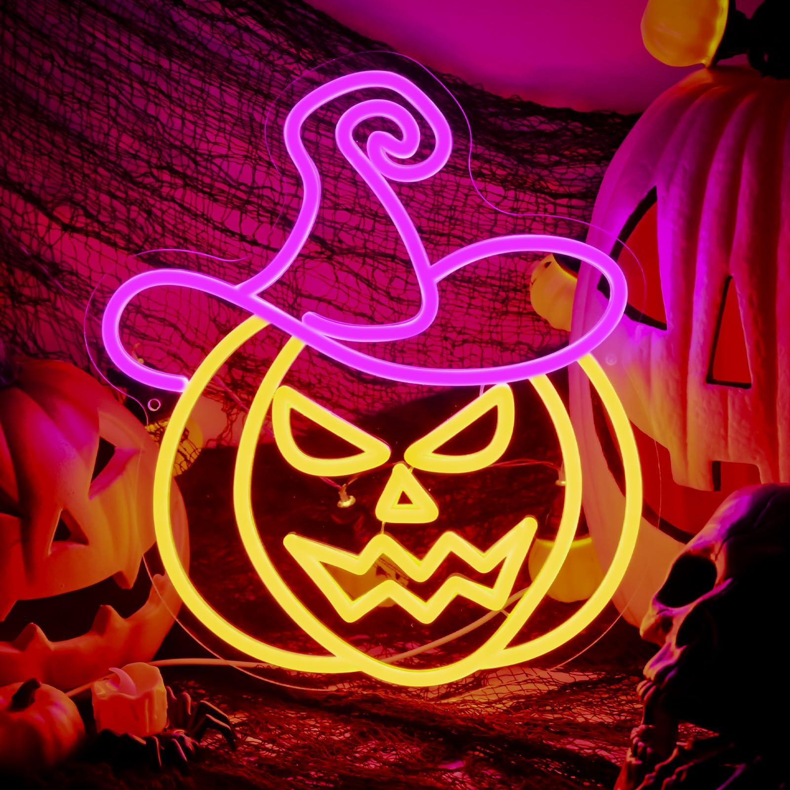 Snapklik.com : Halloween Pumpkin Neon Sign, Orange Purple Wizard Hat ...