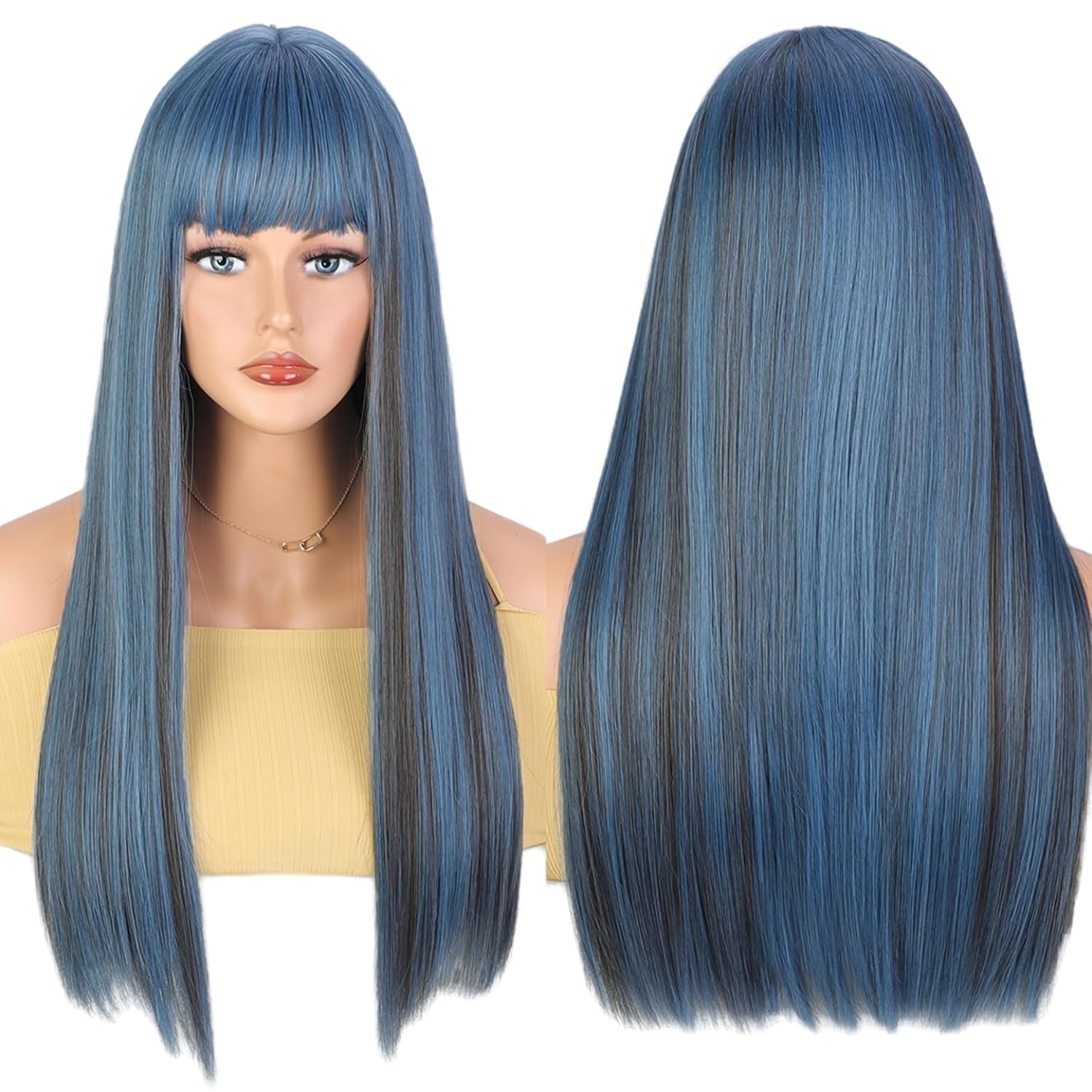 Amazon.com : incohair 24Inch Long Straight Wig Blue Wig with Bangs ...